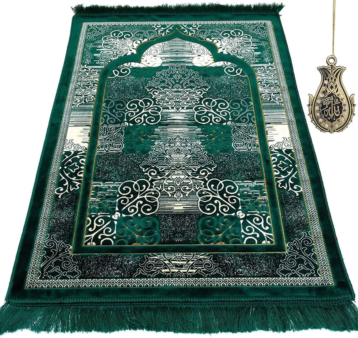 Modefa Turkish Islamic Prayer Rug | Soft Velvet Janamaz Praying Carpet | Muslim Praying Mat for Men & Women Ramadan or Eid | with Car Hanger | Classic Elegant Swirl (Green)