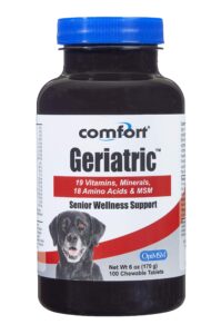 comfort geriatric supplement for dogs, 100 count, contains msm, superoxide dismutase, ester-c, 19 vitamins and minerals & 18 amino acids, made in the usa