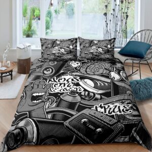 feelyou graffiti bedding set for teens boys twin rock music theme duvet cover set hip hop comforter cover set kids teenage street art quilt cover hippie room decor bedding with 1 pillow sham (2pcs)