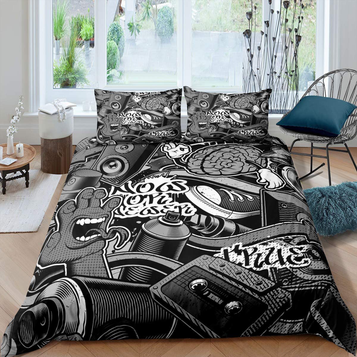 Feelyou Graffiti Bedding Set for Teens Boys Twin Rock Music Theme Duvet Cover Set Hip Hop Comforter Cover Set Kids Teenage Street Art Quilt Cover Hippie Room Decor Bedding with 1 Pillow Sham (2Pcs)