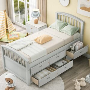 harper & bright designs twin bed frame with storage drawers, solid wood captains bed frame,no box spring needed (espresso twin bed with drawers)