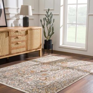 hauteloom herstmonceux traditional living room bedroom soft natural area rug - oriental floral farmhouse carpet - boho, modern vintage - cream, pink, salmon, orange, brown - 7'10" x 10'3"