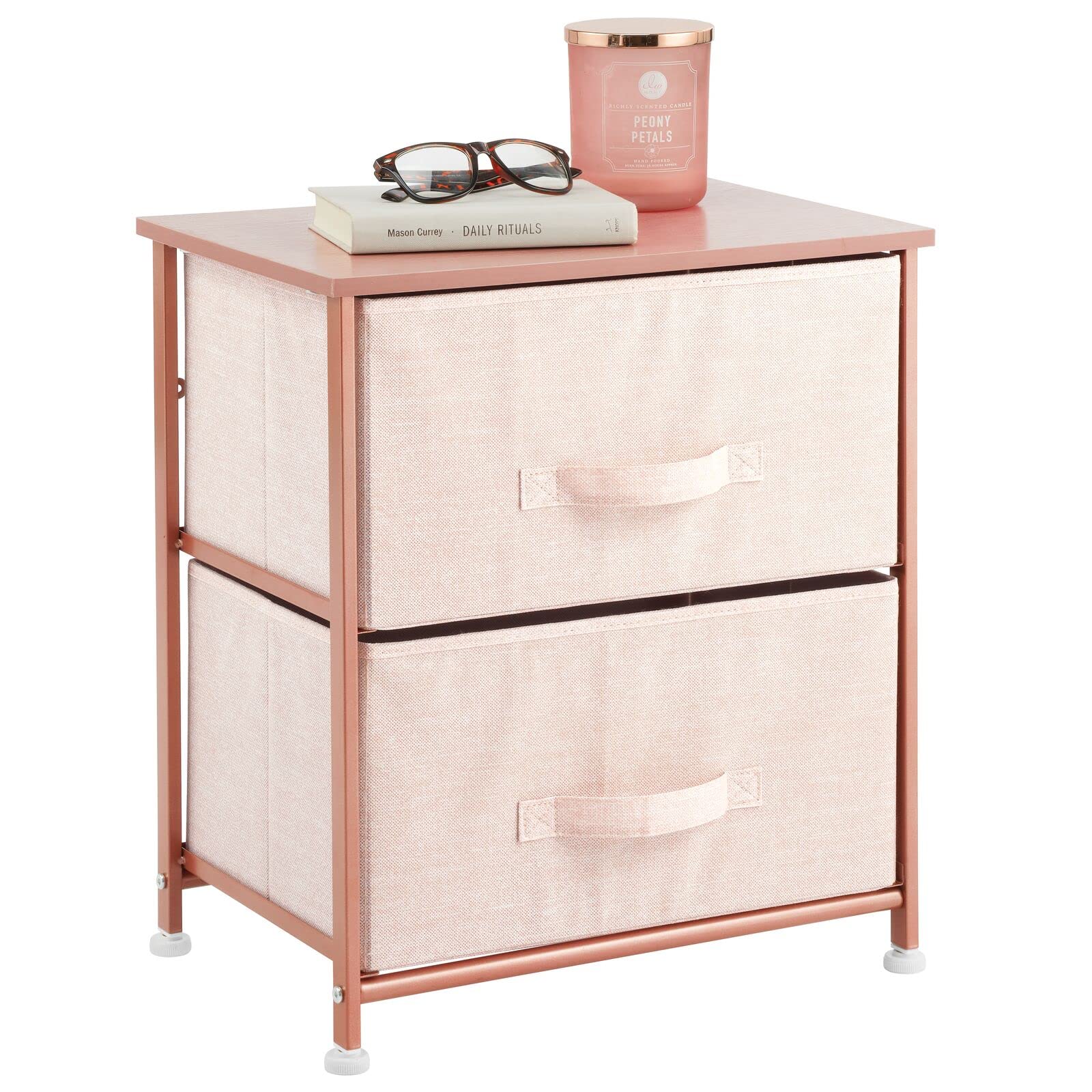 mDesign Small Storage Dresser End/Side Table Night Stand with 2 Removable Fabric Drawers - Organizer for Bedroom, Living Room, Closet - Hold Clothes, Accessories, Lido Collection, Light Pink/Rose Gold