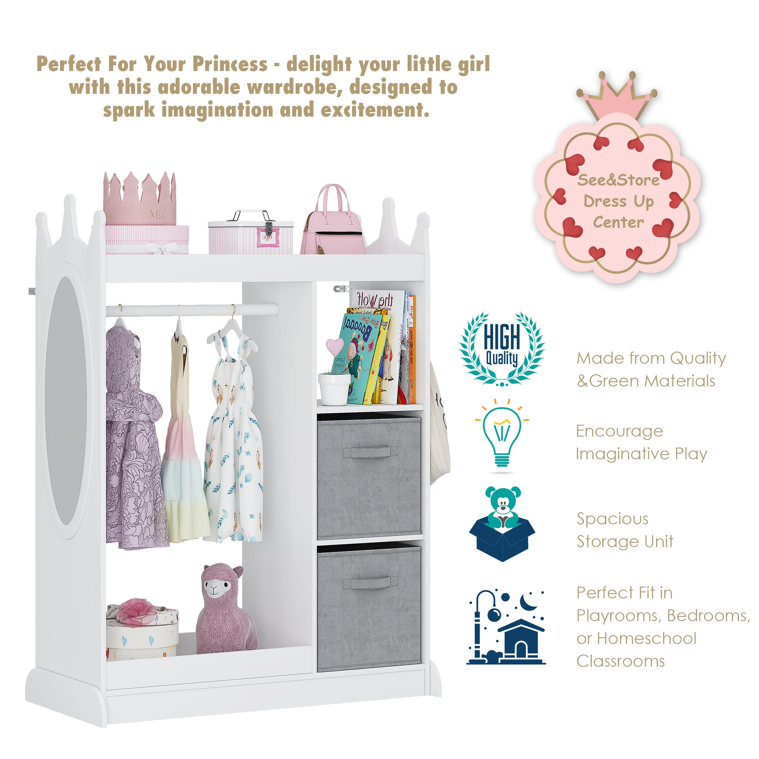 UTEX Kids Play Armoire with Mirror, Storage Bins and Closet for Dress Up and Costumes (White)