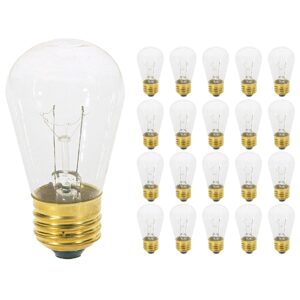 11s14/c, 11-watt s14 replacement incandescent, clear glass light bulbs, 2700k warm white, dimmable, e26 medium base, use display-sign, indoor-outdoor patio,string lights. (20 pack incandescent bulbs)