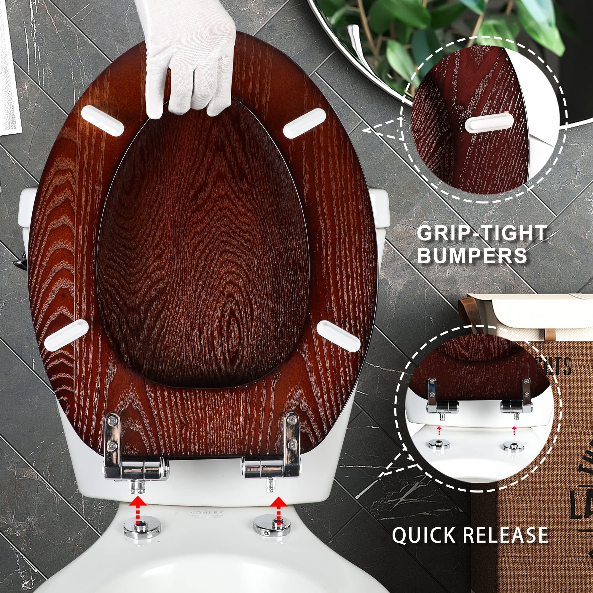 Angel Shield Elongated Wood Toilet Seat with Quiet Close,Easy Clean,Quick-Release Hinges(Elongated,Dark Walnut)