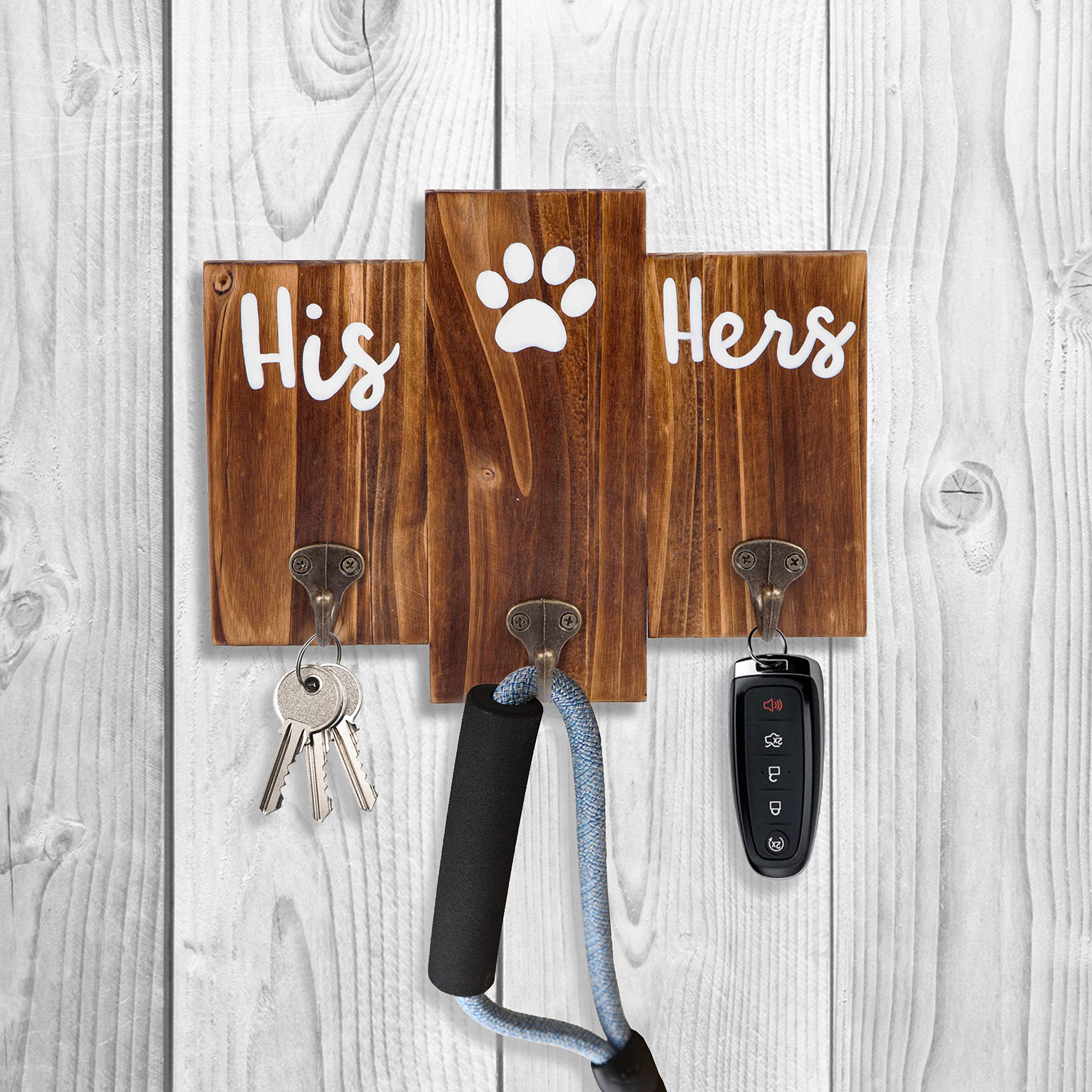 TBFM His Her Dog Key Holder – Unique 10 x 8 His and Hers Keyholder and Dog Leash Hanger with 3 His Hers Key Hooks/Paw Key Hanger for Entryway & Housewarming Gifts for Couples Key Holder for Wall