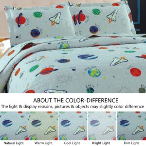 3 Pieces Kid's Galaxy Outer Space Adventure Bedspread Coverlet Set Twin Size with Pillowcases, Planets Rockets Printed Quilt Set for Boys Girls Children Lightweight Bedding Sets (Twin, Gray Universe)