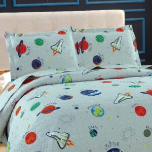 3 Pieces Kid's Galaxy Outer Space Adventure Bedspread Coverlet Set Twin Size with Pillowcases, Planets Rockets Printed Quilt Set for Boys Girls Children Lightweight Bedding Sets (Twin, Gray Universe)