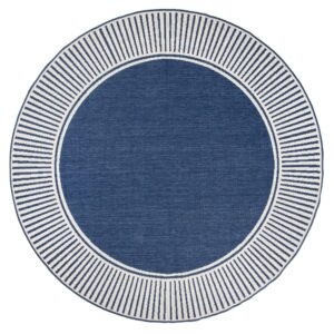 nuLOOM 7' Round Outdoor Area Rug, Casual Design With Striped Border, Stain Resistant, Highly Durable, For Patio, Balcony, Bedroom, Living Room, Dining Room, Bathroom, Navy