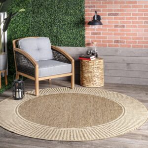 nuloom 7' round outdoor area rug, casual design with striped border, stain resistant, highly durable, for patio, balcony, bedroom, living room, dining room, bathroom, light brown