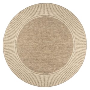 nuLOOM 7' Round Outdoor Area Rug, Casual Design With Striped Border, Stain Resistant, Highly Durable, For Patio, Balcony, Bedroom, Living Room, Dining Room, Bathroom, Light Brown