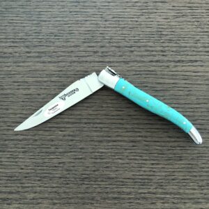 laguiole en aubrac handmade luxury folding pocket knife, 4.8-in (12cm). genuine turquoise handle, hand forged bee, stainless steel shiny bolsters