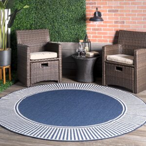 nuloom 7' round outdoor area rug, casual design with striped border, stain resistant, highly durable, for patio, balcony, bedroom, living room, dining room, bathroom, navy