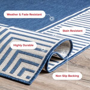 nuLOOM 7' Round Outdoor Area Rug, Casual Design With Striped Border, Stain Resistant, Highly Durable, For Patio, Balcony, Bedroom, Living Room, Dining Room, Bathroom, Navy