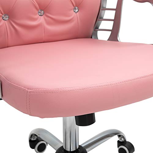 Vinsetto PU Leather Home Office Chair, Button Tufted Desk Chair with Padded Armrests, Adjustable Height and Swivel Wheels, Pink