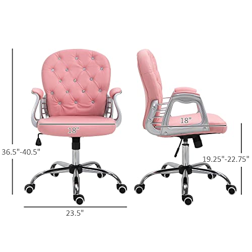 Vinsetto PU Leather Home Office Chair, Button Tufted Desk Chair with Padded Armrests, Adjustable Height and Swivel Wheels, Pink