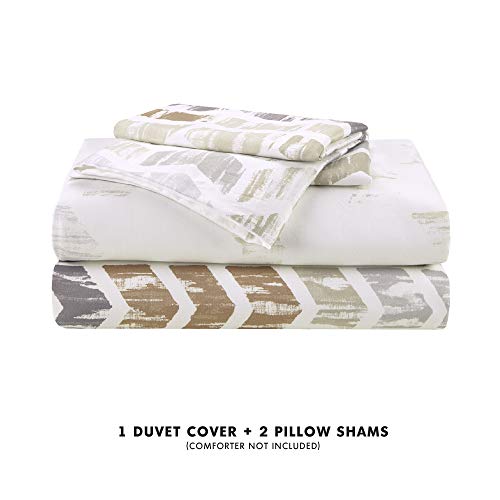 Inspire by INTELLIGENT DESIGN Reversible 100% Cotton Sateen Duvet - Breathable Comforter Cover, Modern All Season Bedding Set with Sham (Insert Excluded), Cape, Chevron Grey Full/Queen(90"x90")