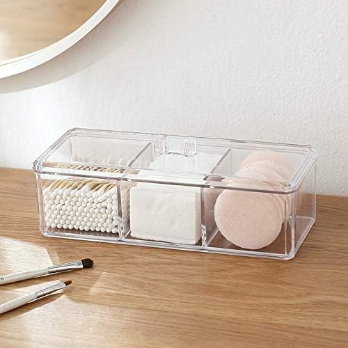 AKOLAFE Acrylic Cotton Ball and Swab Holder with Lid, Clear Organizer 3 Section Drawer Tray and Storage for Cotton Swabs, Q-Tips, Make Up Pads, Cosmetics, Jewelry & More - for Bathroom & Vanity