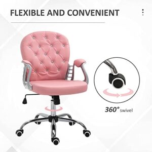 Vinsetto PU Leather Home Office Chair, Button Tufted Desk Chair with Padded Armrests, Adjustable Height and Swivel Wheels, Pink