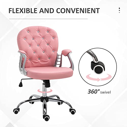 Vinsetto PU Leather Home Office Chair, Button Tufted Desk Chair with Padded Armrests, Adjustable Height and Swivel Wheels, Pink