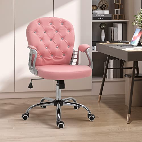 Vinsetto PU Leather Home Office Chair, Button Tufted Desk Chair with Padded Armrests, Adjustable Height and Swivel Wheels, Pink