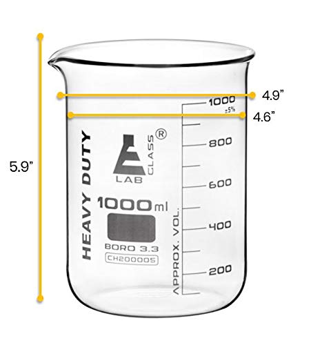 EISCO Heavy Duty Beaker, 1000ml - 5mm Thick, Uniform Walls - Superior Durability & Chemical Resistance - White Graduations - Borosilicate 3.3 Glass