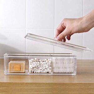 AKOLAFE Acrylic Cotton Ball and Swab Holder with Lid, Clear Organizer 3 Section Drawer Tray and Storage for Cotton Swabs, Q-Tips, Make Up Pads, Cosmetics, Jewelry & More - for Bathroom & Vanity