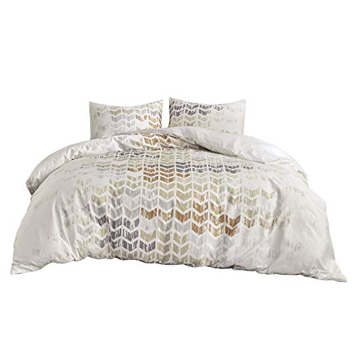 Inspire by INTELLIGENT DESIGN Reversible 100% Cotton Sateen Duvet - Breathable Comforter Cover, Modern All Season Bedding Set with Sham (Insert Excluded), Cape, Chevron Grey Full/Queen(90"x90")