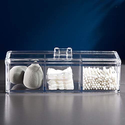 AKOLAFE Acrylic Cotton Ball and Swab Holder with Lid, Clear Organizer 3 Section Drawer Tray and Storage for Cotton Swabs, Q-Tips, Make Up Pads, Cosmetics, Jewelry & More - for Bathroom & Vanity