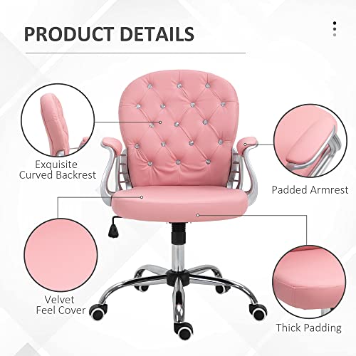 Vinsetto PU Leather Home Office Chair, Button Tufted Desk Chair with Padded Armrests, Adjustable Height and Swivel Wheels, Pink