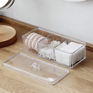 AKOLAFE Acrylic Cotton Ball and Swab Holder with Lid, Clear Organizer 3 Section Drawer Tray and Storage for Cotton Swabs, Q-Tips, Make Up Pads, Cosmetics, Jewelry & More - for Bathroom & Vanity