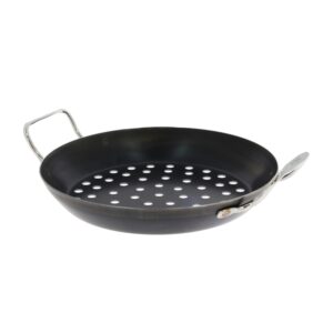 de buyer blue carbon steel perforated outdoor fry pan with 2 handles - 2mm thick - 11” diameter, 8.3” cooking surface - oven safe - naturally nonstick - made in france