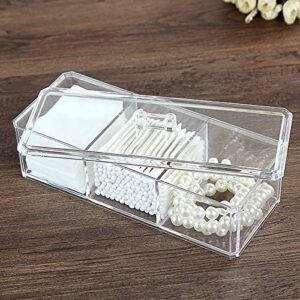 AKOLAFE Acrylic Cotton Ball and Swab Holder with Lid, Clear Organizer 3 Section Drawer Tray and Storage for Cotton Swabs, Q-Tips, Make Up Pads, Cosmetics, Jewelry & More - for Bathroom & Vanity