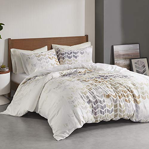 Inspire by INTELLIGENT DESIGN Reversible 100% Cotton Sateen Duvet - Breathable Comforter Cover, Modern All Season Bedding Set with Sham (Insert Excluded), Cape, Chevron Grey Full/Queen(90"x90")