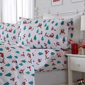 Great Bay Home Christmas Flannel Sheet Set Queen Size - 100% Turkish Cotton, Double-Brushed, Winter Bed Sheets - Ultra-Soft, Cozy, 4-Piece Christmas Bedding Set (Santa)