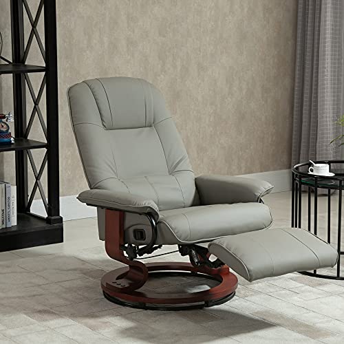 HOMCOM Faux Leather Manual Recliner, Adjustable Swivel Lounge Chair with Footrest, Armrest and Wrapped Wood Base for Living Room, Gray