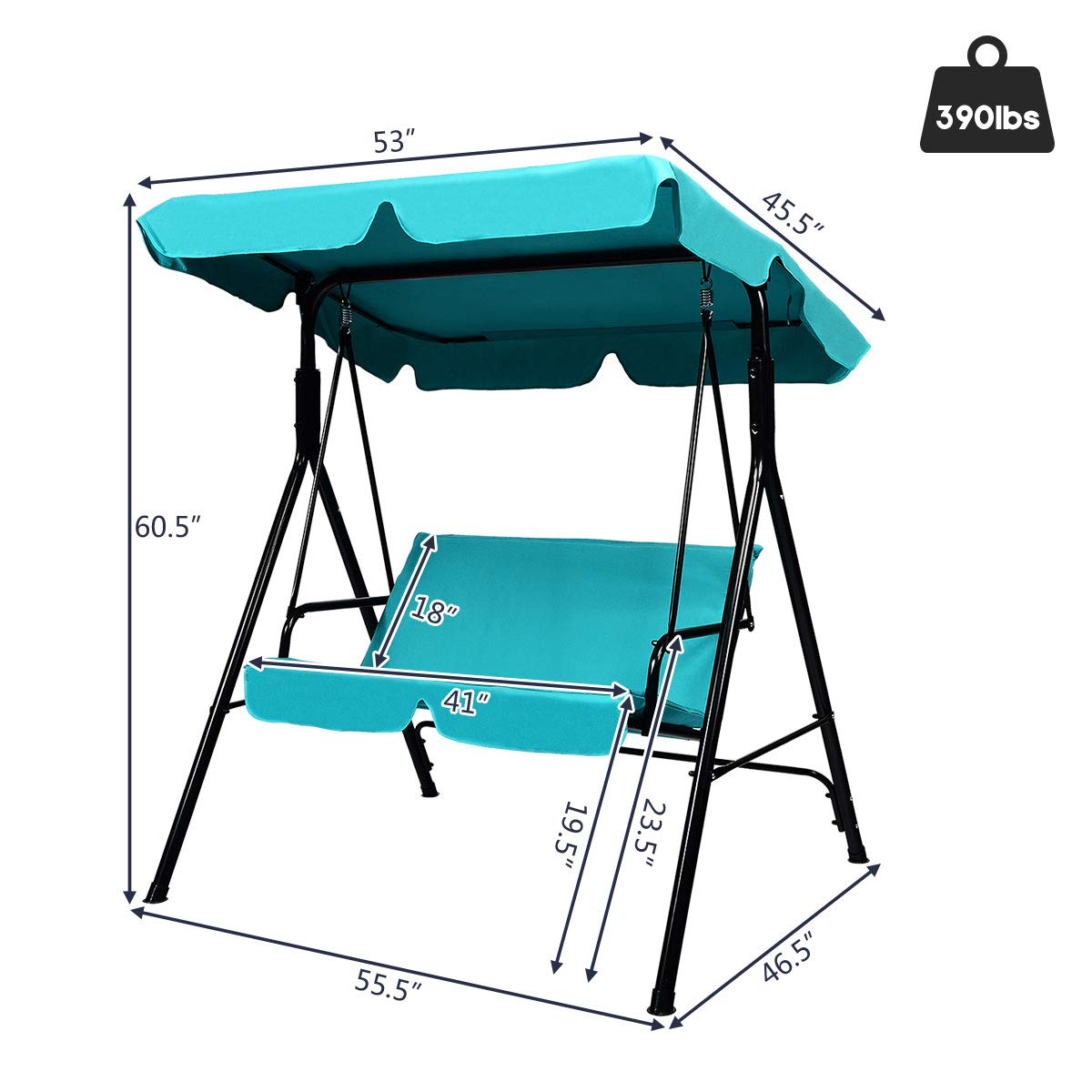 Tangkula 2 Person Porch Swing, Outdoor Swing with Removable Cushions, Solid Steel Structure, Patio Swing with Adjustable Canopy for Porch, Backyard, Garden, Balcony Turquoise