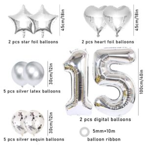 Ceqiny 40" 15th Number Balloon Mylar Balloon 18” Star Heart Foil Balloon 12” Sequins Latex Balloon for Birthday Party Wedding Bridal Shower Photo Shoot Anniversary Decor, Silver 15 Balloon Kit