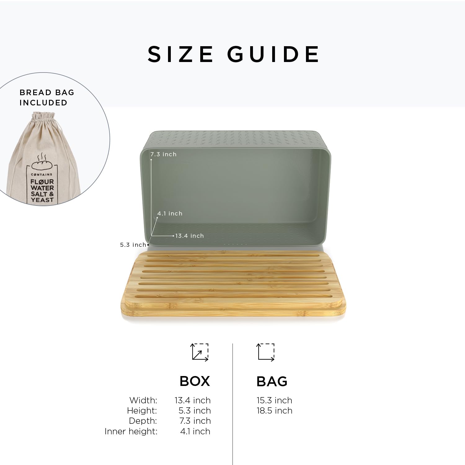 LARS NYSØM Bread Box I Metal bread box with linen bread bag for long lasting freshness I Bread box with bamboo lid usable as cutting board I 13.4x7.3x5.3In (Sage Green)