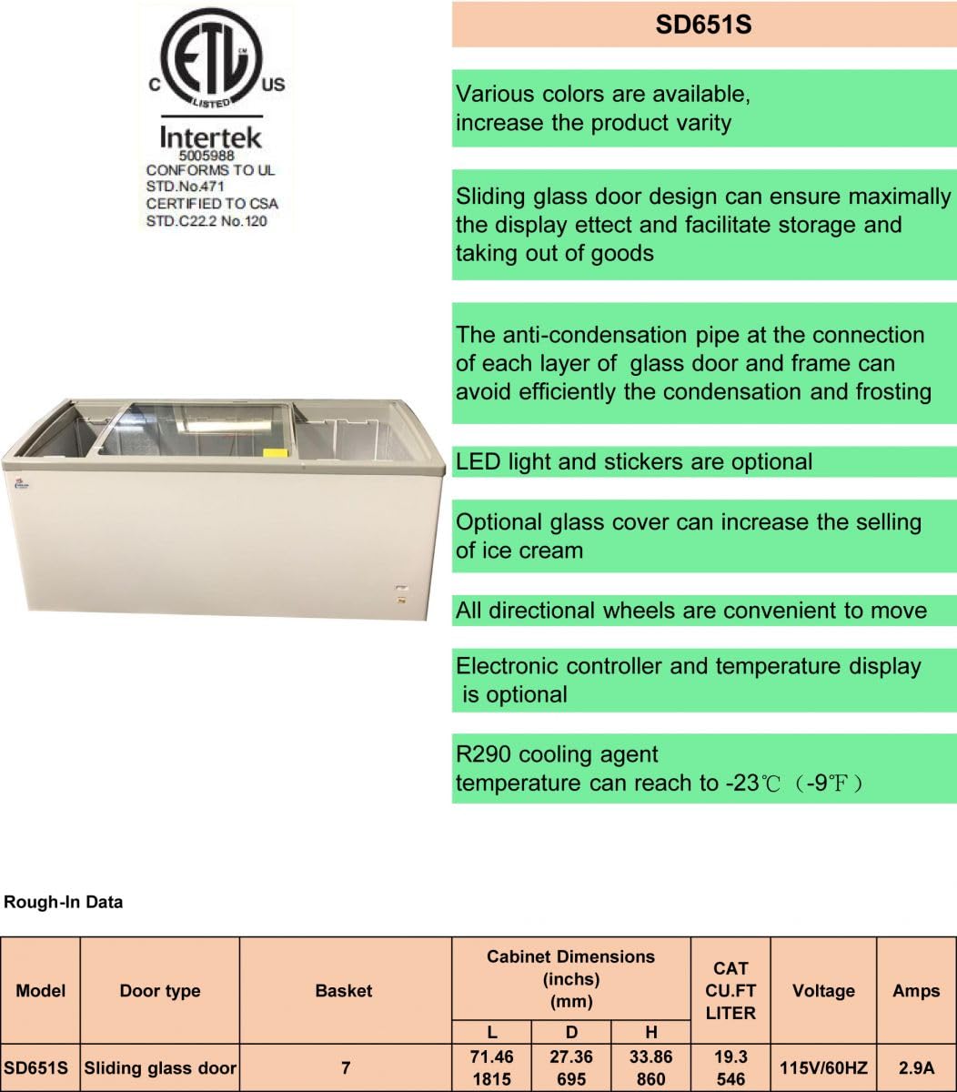 Chest Freezer Glass Door sliding Commercial Ice Cream Freezer 72" White Curve Display Top w/Storage Baskets 19 Cu.ft sd651s