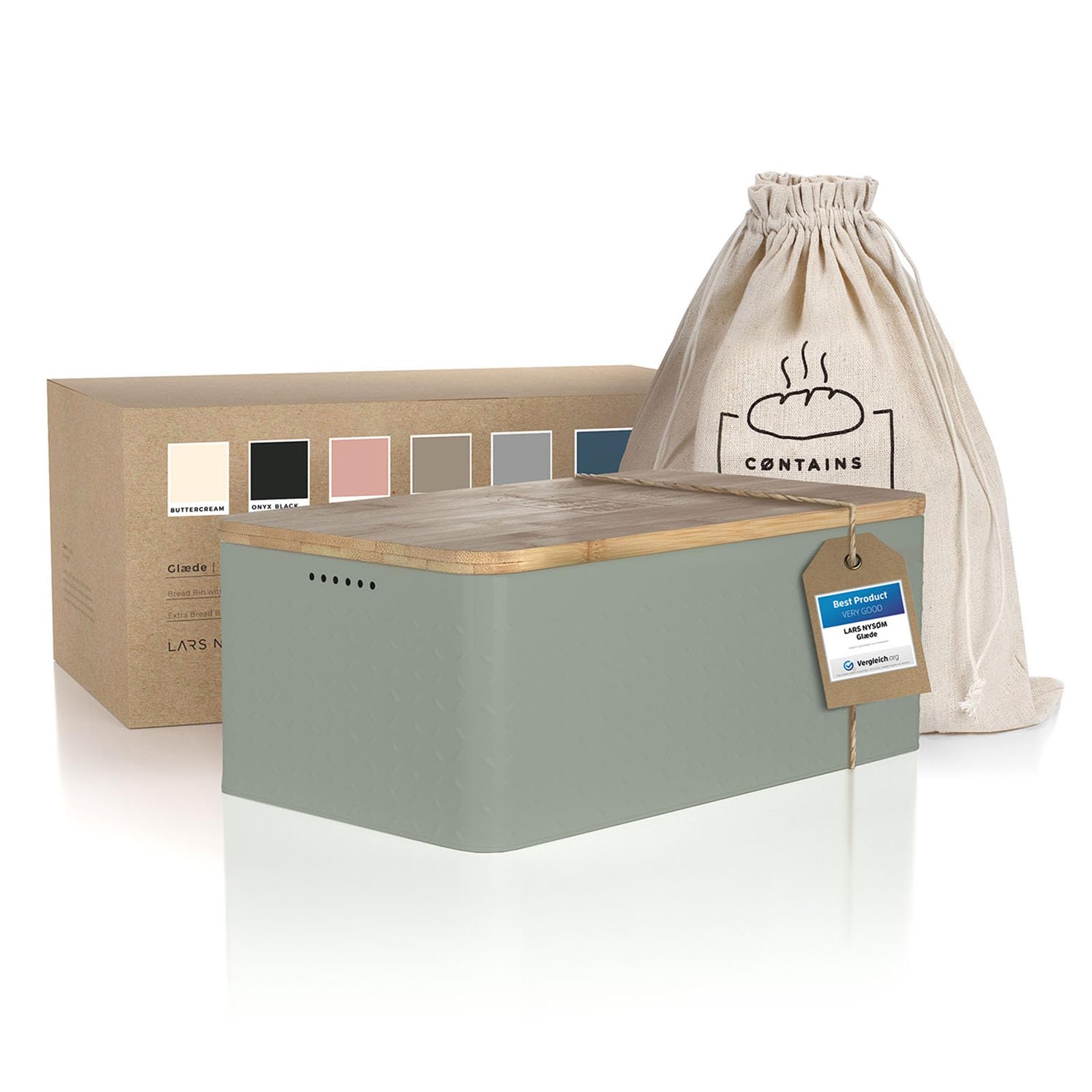 LARS NYSØM Bread Box I Metal bread box with linen bread bag for long lasting freshness I Bread box with bamboo lid usable as cutting board I 13.4x7.3x5.3In (Sage Green)