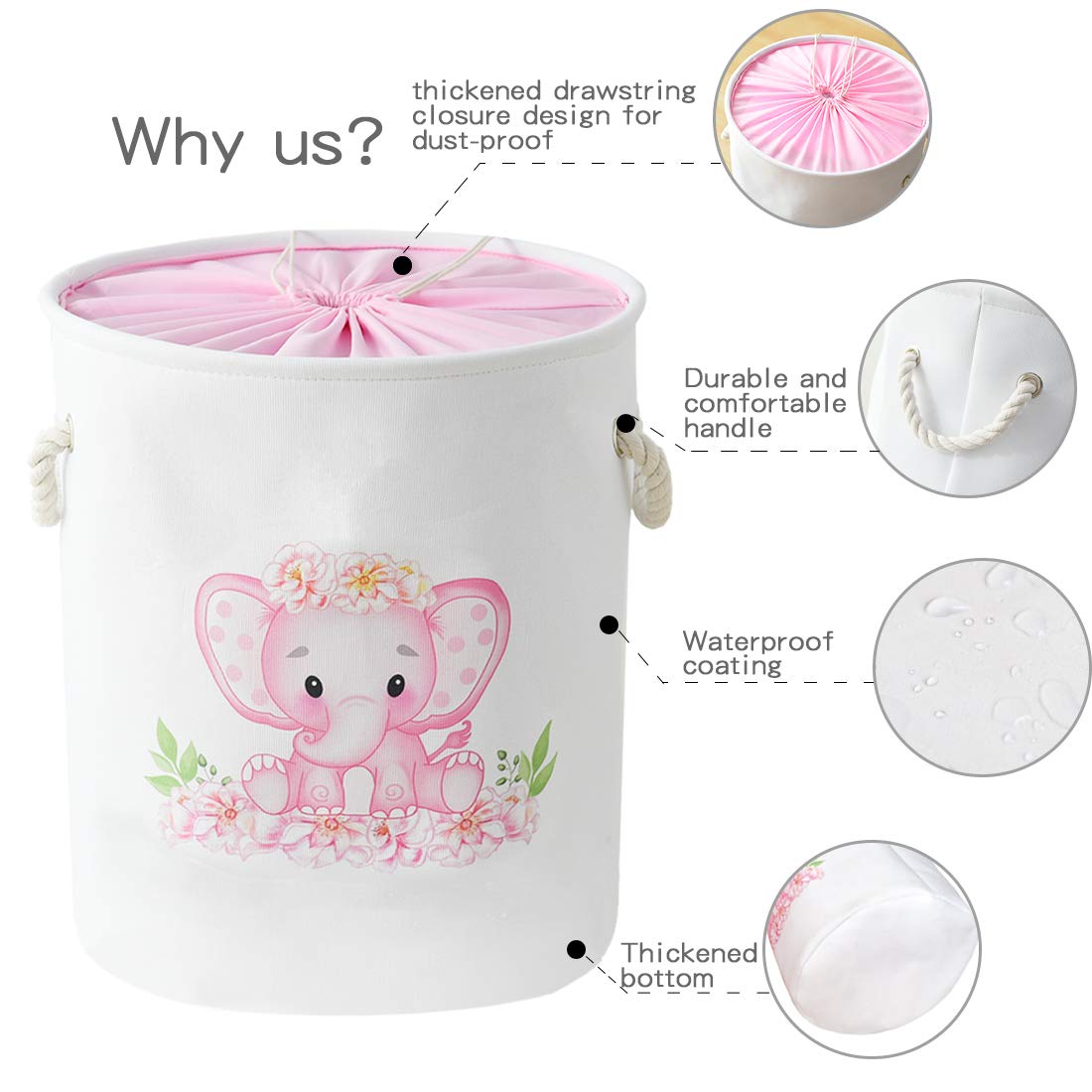 INough Baby Basket Pink Hamper Large Kids Hamper Baby Laundry Hamper for Nursery Girl, Girls Laundry Basket for Kids, Baby Dirty Clothes Basket Collapsible Kids Clothes Hamper for Laundry Kidsroom