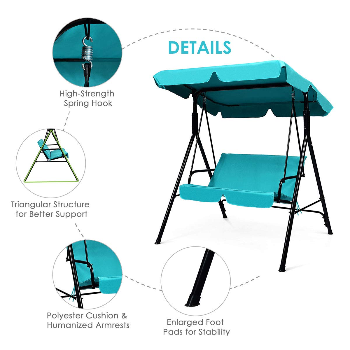 Tangkula 2 Person Porch Swing, Outdoor Swing with Removable Cushions, Solid Steel Structure, Patio Swing with Adjustable Canopy for Porch, Backyard, Garden, Balcony Turquoise