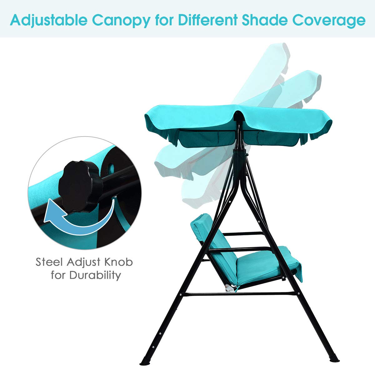 Tangkula 2 Person Porch Swing, Outdoor Swing with Removable Cushions, Solid Steel Structure, Patio Swing with Adjustable Canopy for Porch, Backyard, Garden, Balcony Turquoise