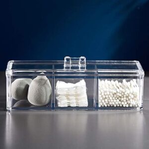 akolafe acrylic cotton ball and swab holder with lid, clear organizer 3 section drawer tray and storage for cotton swabs, q-tips, make up pads, cosmetics, jewelry & more - for bathroom & vanity