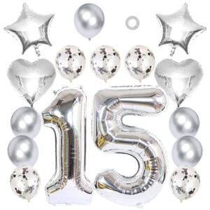 ceqiny 40" 15th number balloon mylar balloon 18” star heart foil balloon 12” sequins latex balloon for birthday party wedding bridal shower photo shoot anniversary decor, silver 15 balloon kit