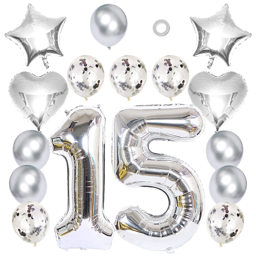 Ceqiny 40" 15th Number Balloon Mylar Balloon 18” Star Heart Foil Balloon 12” Sequins Latex Balloon for Birthday Party Wedding Bridal Shower Photo Shoot Anniversary Decor, Silver 15 Balloon Kit