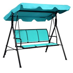 tangkula 3 person patio swing, steel frame with polyester angle adjustable canopy, all weather resistant swing bench, suitable for patio, garden, poolside, balcony (turquoise)