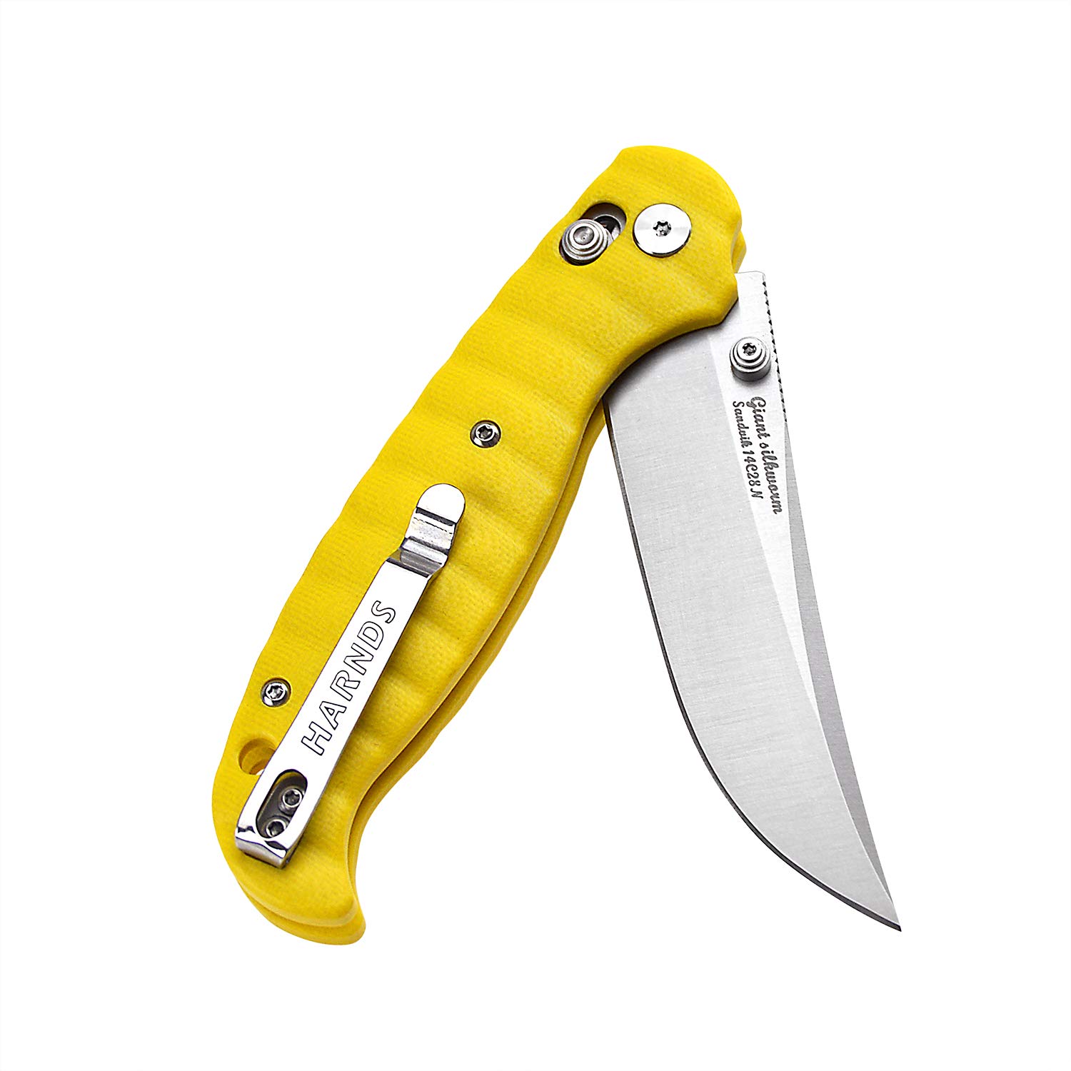 Harnds Giant Silkworm Tactical Folding Knife with SandvikSteel BladeG10 Handle Camping Pocket Knife with Reversible Pocket Clip (yellow)